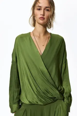 H&m Relaxed-fit Wrapover Blouse With V-neck And Dropped Shoulders