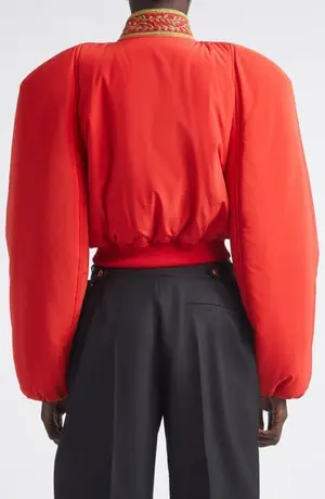 Alexander McQueen Red Silk Cropped Bomber Jacket