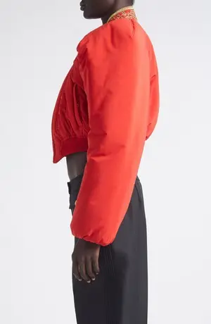 Alexander McQueen Red Silk Cropped Bomber Jacket