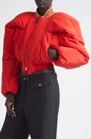 Alexander McQueen Red Silk Cropped Bomber Jacket