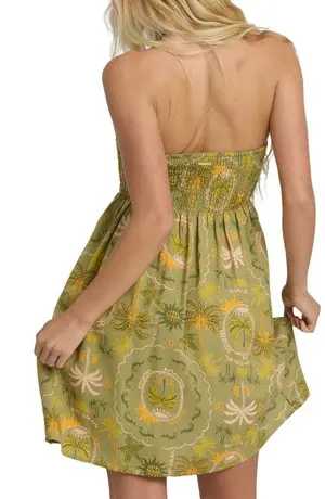 BILLABONG Smocked Strapless Mini Dress With Tropical Print