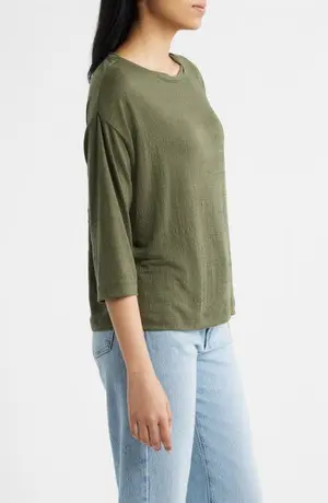CITY BLUES Textured Knit Top With Dropped Shoulders And Three-quarter Sleeves - Olive