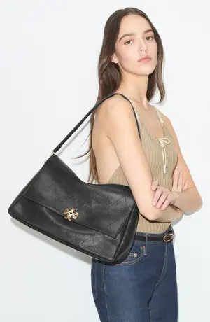 Tory Burch Large Charlie Leather Shoulder Bag - Black