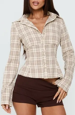 Princess Polly Cottesloe Plaid Cotton Button-up Shirt - Brown Check