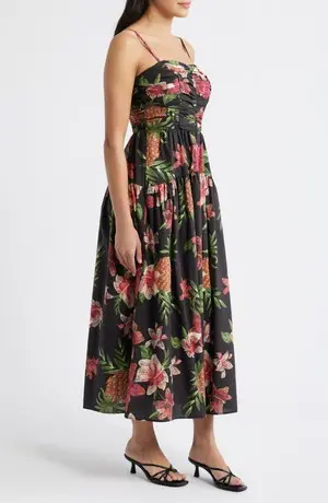 Vince Camuto Floral Square Neck Ruched Cotton Midi Dress
