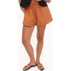 PETAL & PUP Cotton Eyelet Trim Drawstring Shorts - Rust