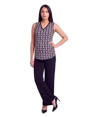 24SEVEN COMFORT APPAREL Geometric Print V-neck Sleeveless Top And Flared Pant Set - Black Multi