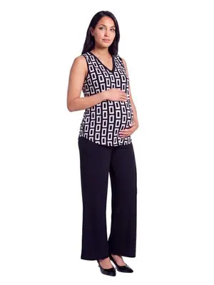 24SEVEN COMFORT APPAREL Geometric Print V-neck Sleeveless Top And Flared Pant Set - Black Multi