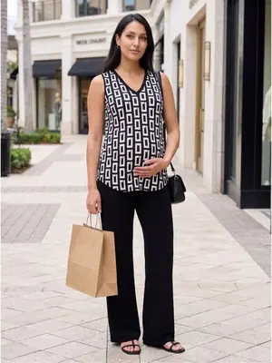 24SEVEN COMFORT APPAREL Geometric Print V-neck Sleeveless Top And Flared Pant Set - Black Multi