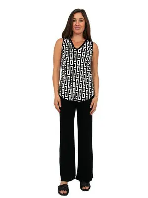 24SEVEN COMFORT APPAREL Geometric Print V-neck Sleeveless Top And Flared Pant Set - Black Multi