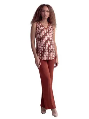 24SEVEN COMFORT APPAREL Maternity Geometric Print V-neck Top And Flared Pant Set - Orange Multi