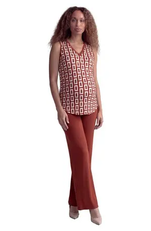 24SEVEN COMFORT APPAREL Maternity Geometric Print V-neck Top And Flared Pant Set - Orange Multi