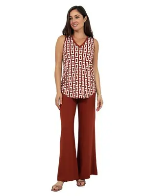 24SEVEN COMFORT APPAREL Abstract Print Sleeveless V-neck Top And Flared Pant Set - Orange Multi
