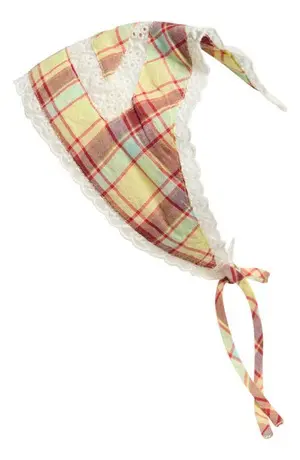 DAMSON MADDER Lace Inset Plaid Organic Cotton Triangle Hair Scarf - Multi