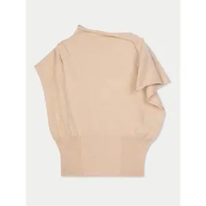 Gobi Cashmere Asymmetrical Funnel Neck Top With Cape Overlay - Beige