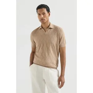 Brunello Cucinelli Cotton Textured Argyle Lightweight Knit Polo Shirt - Beige