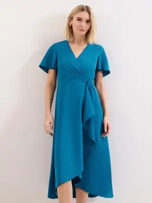PHASE EIGHT Julissa Wrap Midi Dress With Flutter Sleeves And Cascading Ruffle - Blue