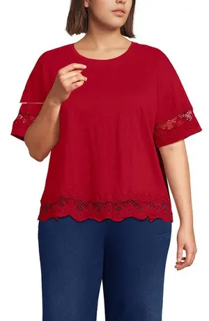 LANDS' END Lands' End Short Sleeve Slub Jersey Cutwork T-Shirt Compass Red