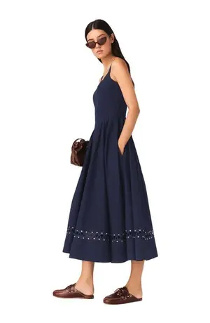 Maje Fit & Flare Embroidered Midi Dress - Navy