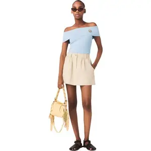 Maje Cotton Skort With Gathers And Jewellery Button Detail - Ecru