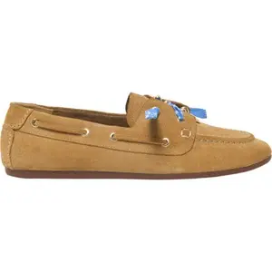 Maje Suede Boat Shoes With Heart Charm And Paisley Laces - Camel