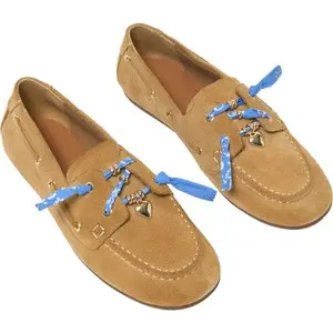 Maje Suede Boat Shoes With Heart Charm And Paisley Laces - Camel