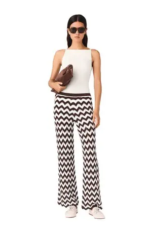 Maje Crochet Zigzag Wide Leg Trousers - Brown/white