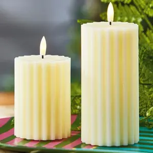 TAG Ribbed Two Tone Led Flameless Pillar Candle Beige Decor