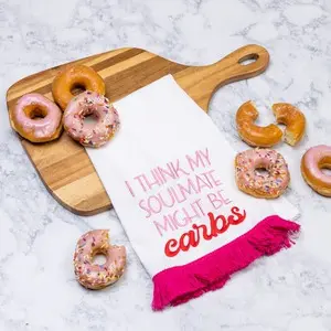 TOTALEE GIFT Might Be Carbs Tea Towel W/ Tassels Cotton White