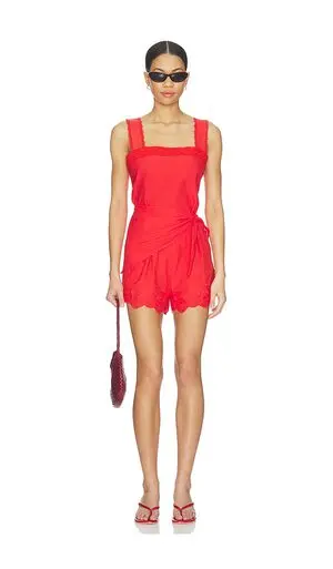 Line & Dot Eyelet Romper - Red