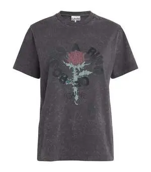 GANNI Embroidered Cotton T-shirt - Grey