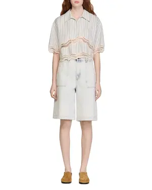 Sandro Cropped Striped Cotton Shirt With Lace Detail - Ecru Bleu