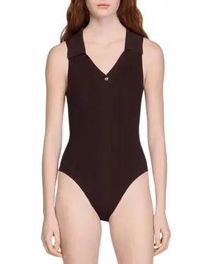 Sandro Ribbed Knit Polo Bodysuit