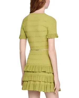Sandro Cropped Ruffled Sleeve Cardigan - Green