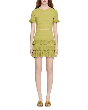 Sandro Cropped Ruffled Sleeve Cardigan - Green