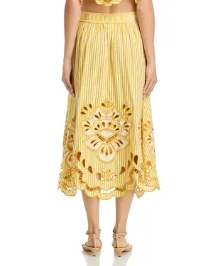Farm Rio Striped Embroidered Midi Skirt