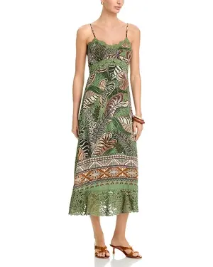 Farm Rio Foliage Print Lace Trim Midi Dress - Dotted