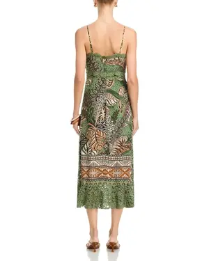 Farm Rio Foliage Print Lace Trim Midi Dress