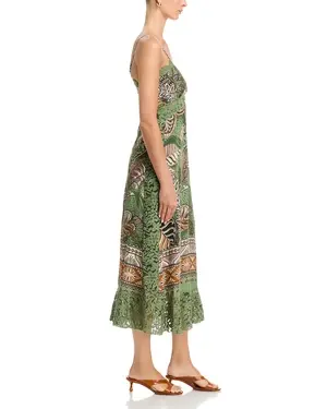 Farm Rio Foliage Print Lace Trim Midi Dress
