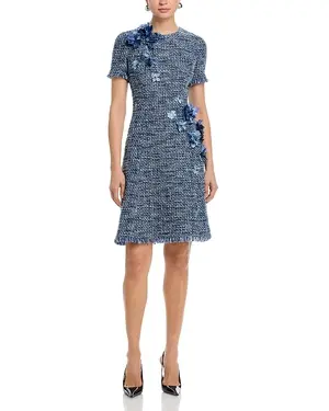 Rickie Freeman For Teri Jon Tweed Dress With 3d Flower Trim - Blue Multi