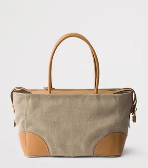 Prada Large Linen And Leather Tote Bag - Neutral