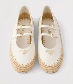 Prada Leather And Raffia Ballet Flats With Buckle Straps