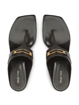 SERGIO ROSSI Black Leather Thong Sandals With Gold-tone Hardware