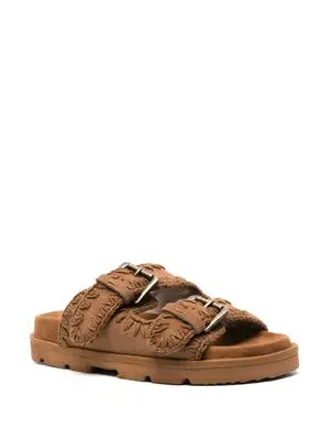 Mou Calf Suede Slip-on Sandals With Whipstitch Trim And Double Buckle Fastening