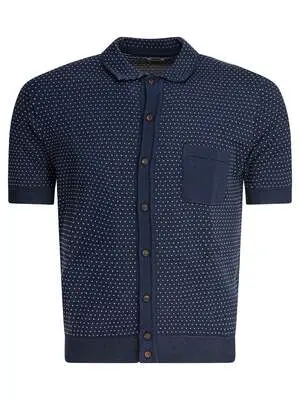 RAKKI Textured Knit Short Sleeve Polo Shirt With Micro Geometric Pattern - Blue