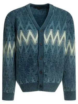 BEAMS Indigo Yarn Chevron Knit V-neck Cardigan