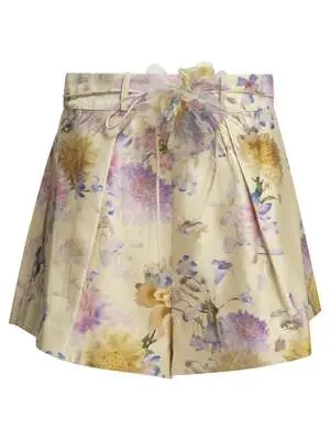 Zimmermann Luna Floral Print Silk And Cotton High-waisted Pleated Shorts - White