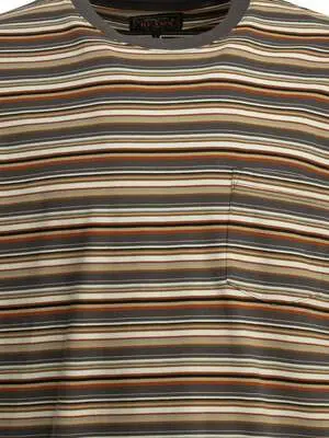 BEAMS Striped Cotton Jersey Crewneck T-shirt With Chest Pocket - Brown