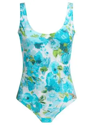 Chloé Floral Print One-piece Swimsuit With Knotted Detail - Light Blue