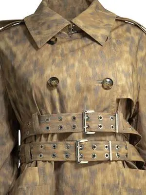 GANNI Animal Print Double-breasted Trench Coat With Belted Waist - Beige
